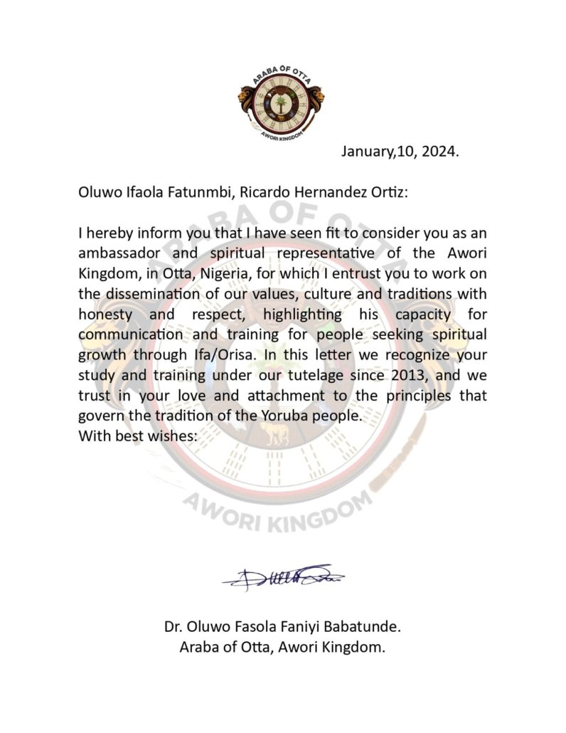 Embajador y Representante Espiritual del Reino de Awori – Awimologbon